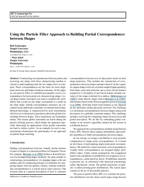 (PDF) Using the Particle Filter Approach to Building Partial Correspondences Between Shapes