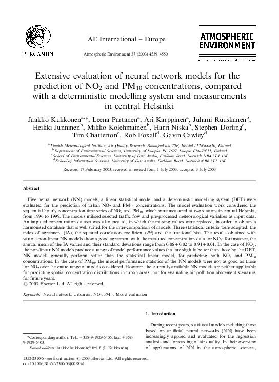 Pdf Extensive Evaluation Of Neural Network Models For The Prediction Of No2 And Pm10