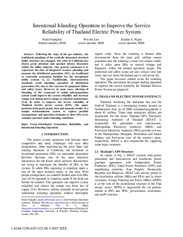 (PDF) Intentional Islanding Operation to Improve the Service Reliability of Thailand Electric ...