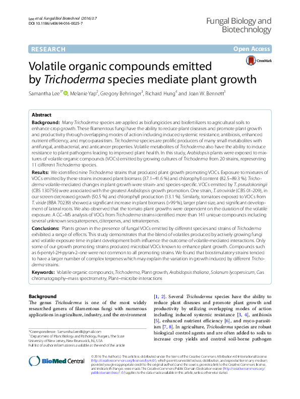 (PDF) Volatile organic compounds emitted by Trichoderma species mediate plant growth