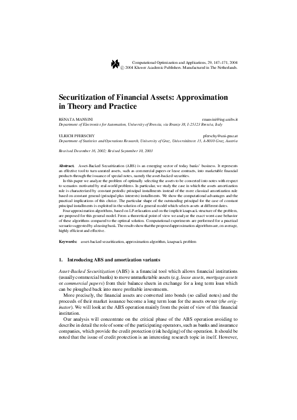 Pdf Securitization Of Financial Assets Approximation In Theory And Practice