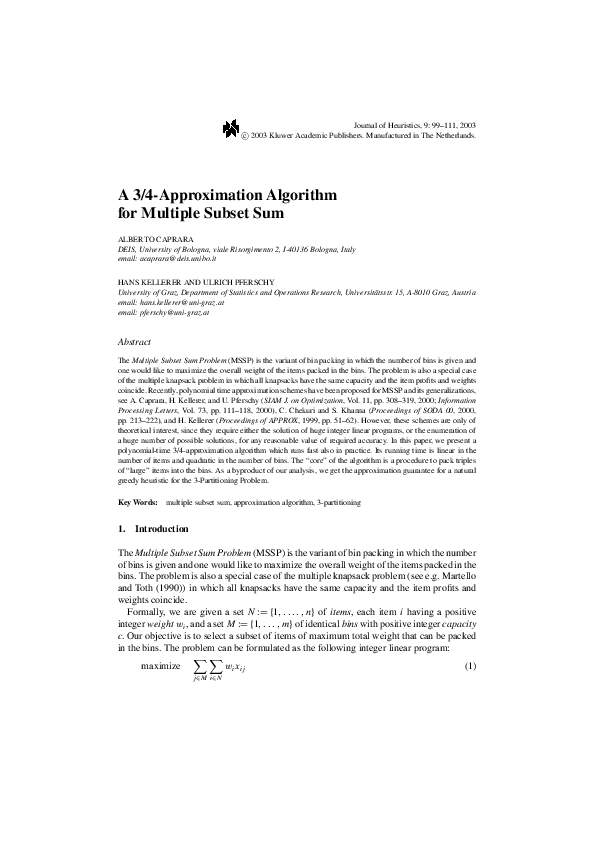 (PDF) A 3/4-approximation algorithm for multiple subset sum