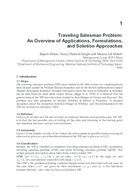 Pdf Traveling Salesman Problem An Overview Of Applications Formulations And Solution Approaches 0258