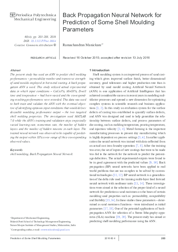 Back Propagation Neural Network For Prediction Of Some Shell Moulding Parameters