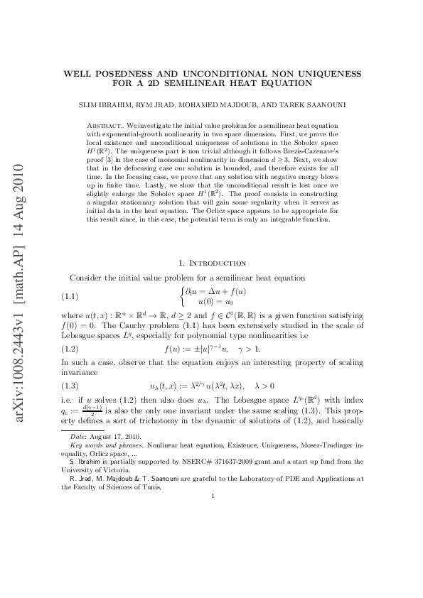 (PDF) Well posedness and unconditional non uniqueness for a 2D semilinear heat equation