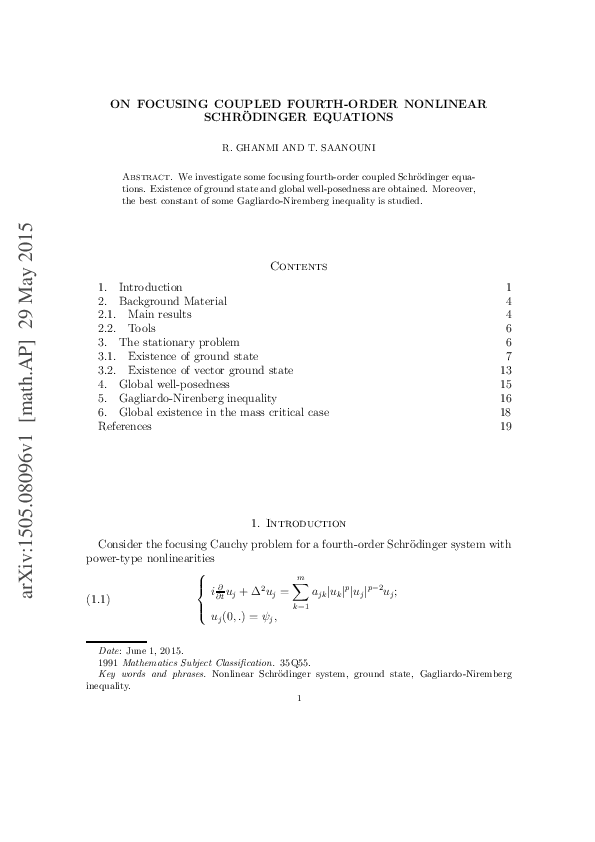 (PDF) On focusing coupled fourth-order nonlinear Schrodinger equations