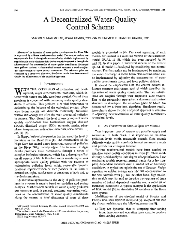 (PDF) A Decentralized Water-Quality Control Scheme