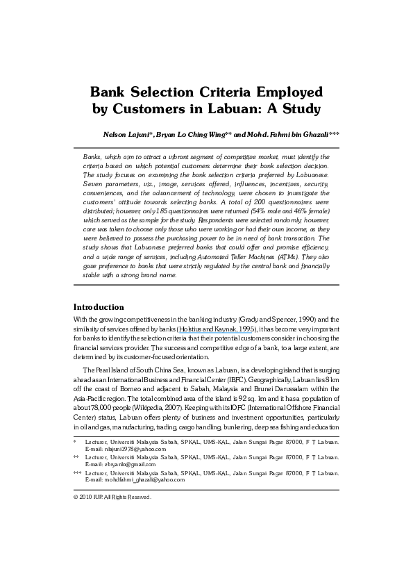 (PDF) Bank Selection Criteria Employed by Customers in Labuan: A Study