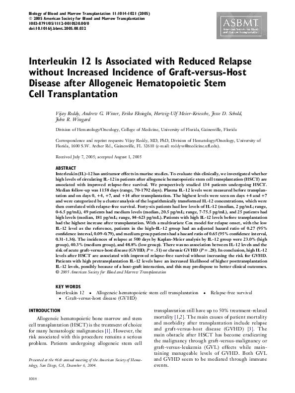 (PDF) Interleukin 12 Is Associated with Reduced Relapse without Increased Incidence of Graft ...