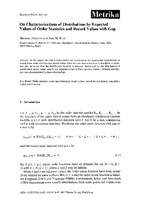 Pdf On Characterizations Of Distributions By Expected Values Of Order