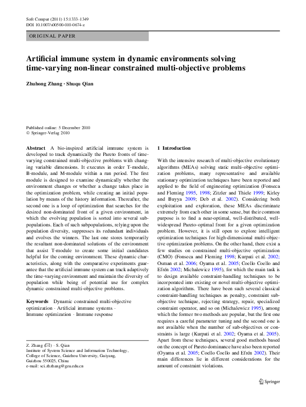 Pdf Artificial Immune System In Dynamic Environments Solving Time Varying Non Linear