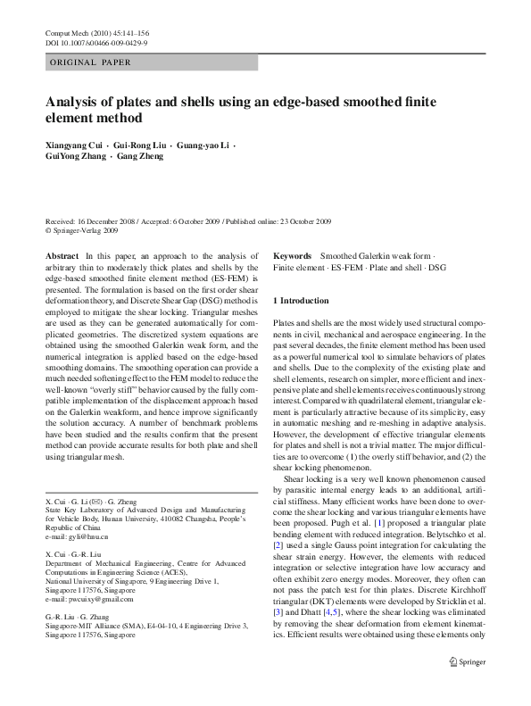 Pdf Analysis Of Plates And Shells Using An Edge Based Smoothed Finite