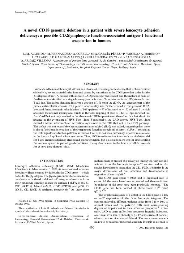 (PDF) A novel CD18 genomic deletion in a patient with severe leucocyte ...