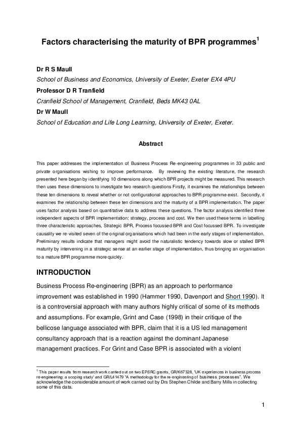 (PDF) Factors characterising the maturity of BPR programmes