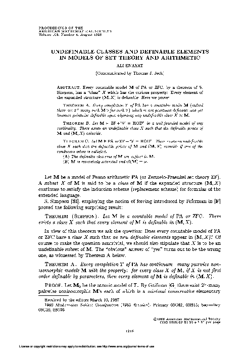 (PDF) Undefinable classes and definable elements in models of set theory and arithmetic
