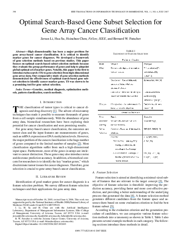 Pdf Optimal Search Based Gene Subset Selection For Gene Array Cancer