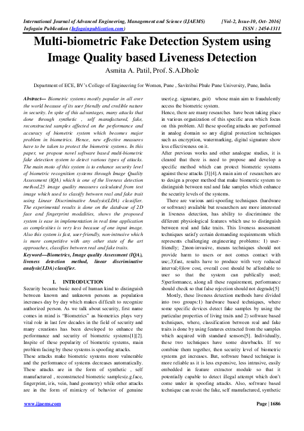 (PDF) Multi-biometric Fake Detection System using Image Quality based ...