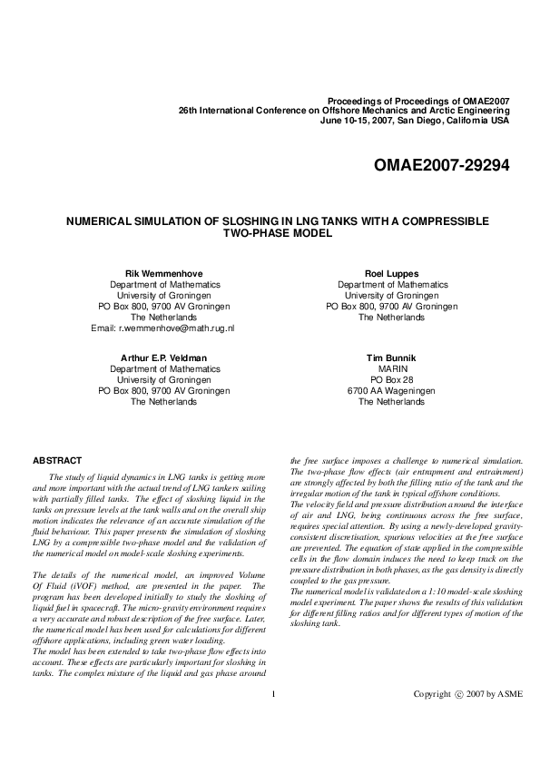 (PDF) Numerical Simulation of Sloshing in LNG Tanks with a Compressible Two-Phase Model