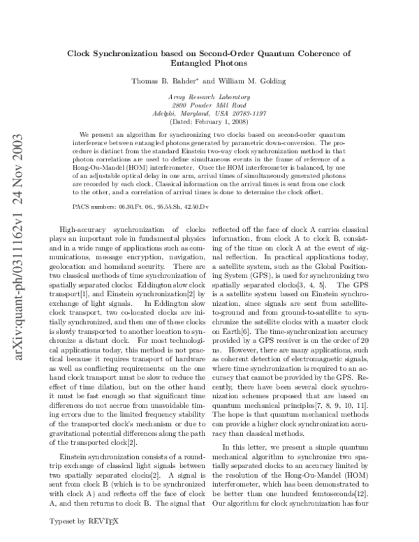 Pdf Clock Synchronization Based On Second Order Quantum Coherence Of Entangled Photons