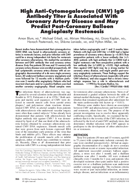 (PDF) High Anti-Cytomegalovirus (CMV) IgG Antibody Titer is Associated ...