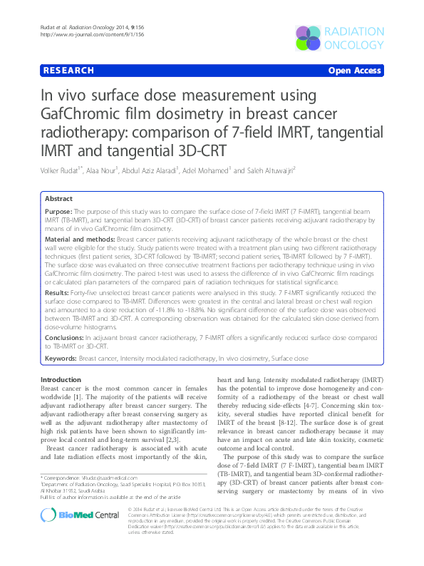 (PDF) In vivo surface dose measurement using GafChromic film dosimetry ...