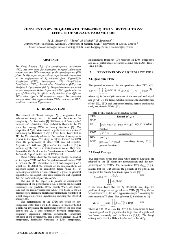 Pdf Renyi Entropy Of Quadratic Time Frequency Distributions Effects