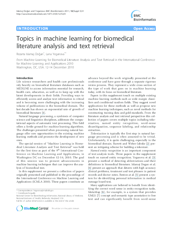 (PDF) Topics in machine learning for biomedical literature analysis and ...