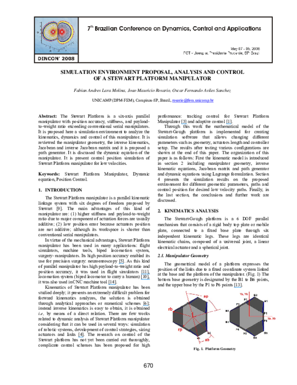 (PDF) SIMULATION ENVIRONMENT PROPOSAL, ANALYSIS AND CONTROL OF A STEWART PLATFORM MANIPULATOR