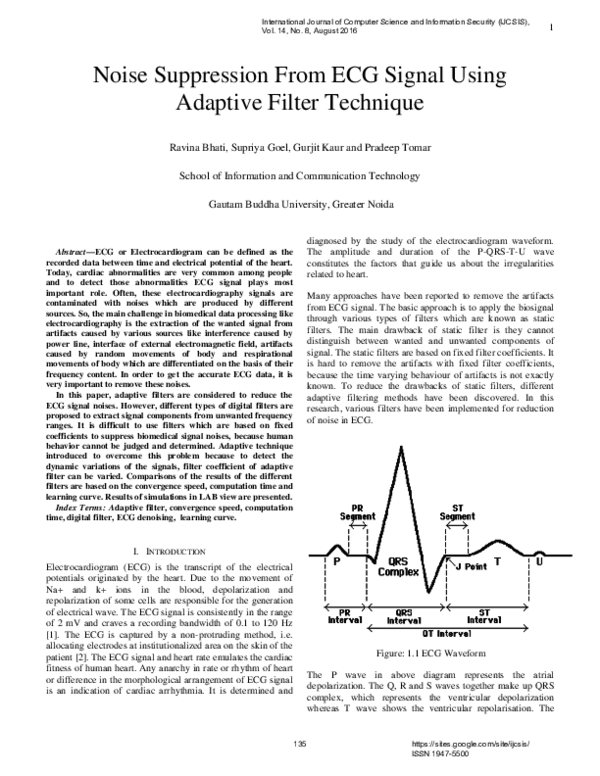 Pdf Noise Suppression From Ecg Signal Using Adaptive Filter Technique