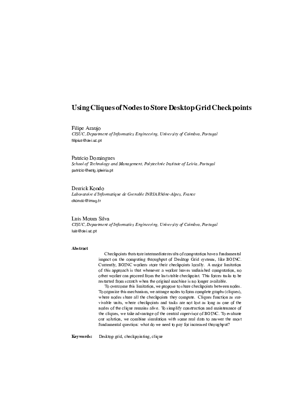 (PDF) Using Cliques Of Nodes To Store Desktop Grid Checkpoints