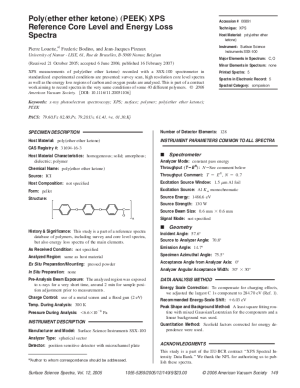 (PDF) Poly(ether ether ketone) (PEEK) XPS Reference Core Level and Energy Loss Spectra