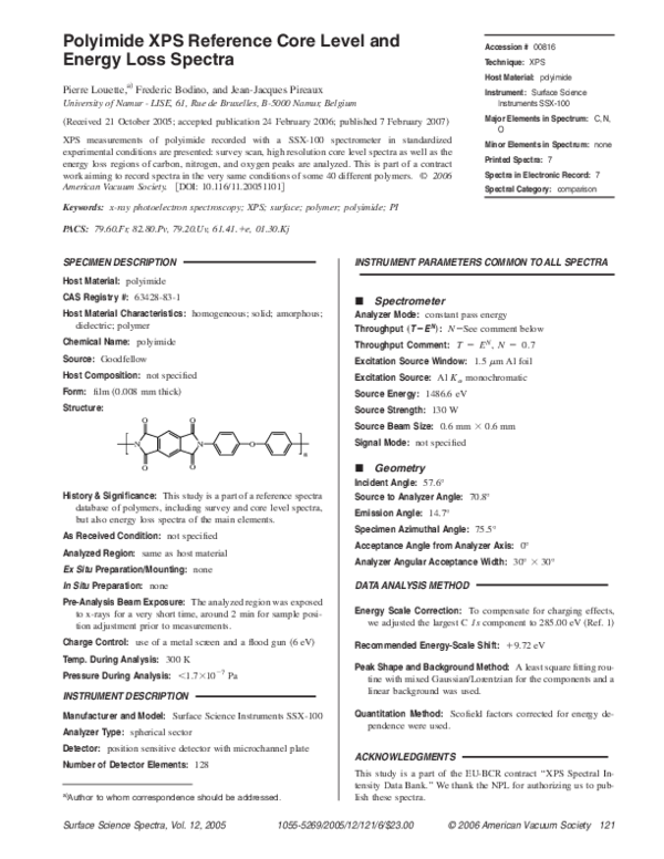 (PDF) Polyimide XPS Reference Core Level and Energy Loss Spectra