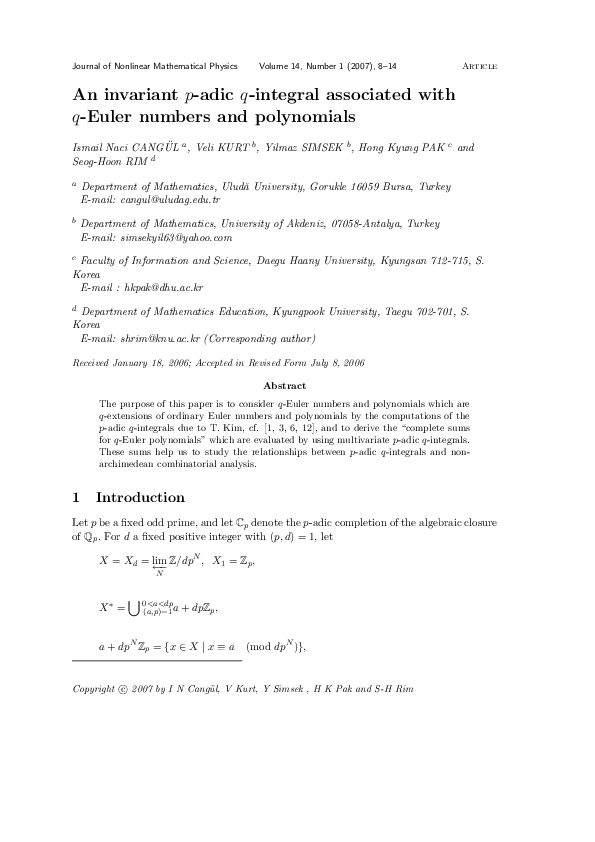 (PDF) An invariant p-adic q-integral associated with q-Euler numbers and polynomials