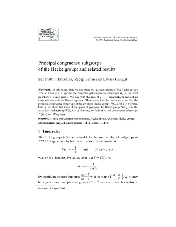 Pdf Principal Congruence Subgroups Of The Hecke Groups And Related Results