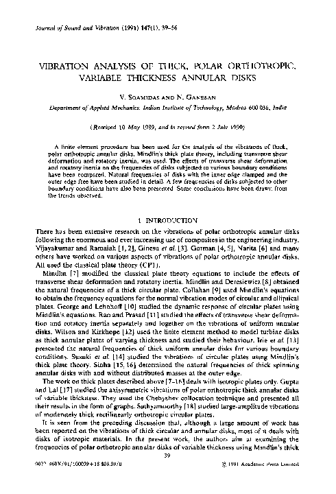 Pdf Vibration Analysis Of Thick Polar Orthotropic Variable Thickness Annular Disks