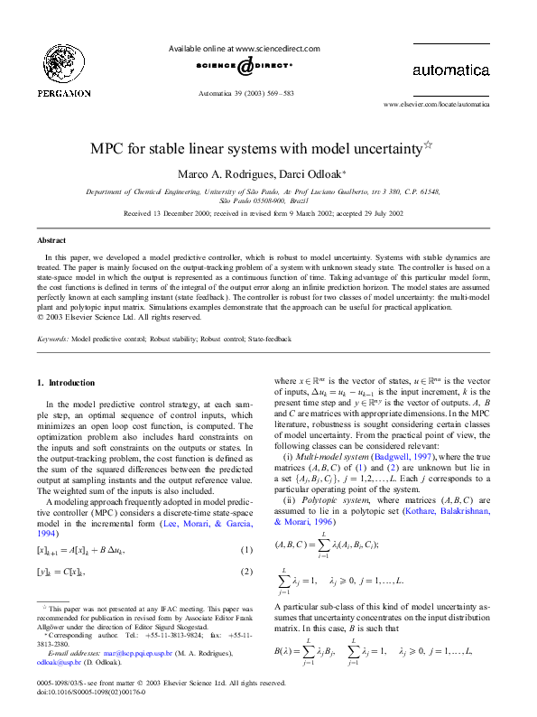 (PDF) MPC for stable linear systems with model uncertainty