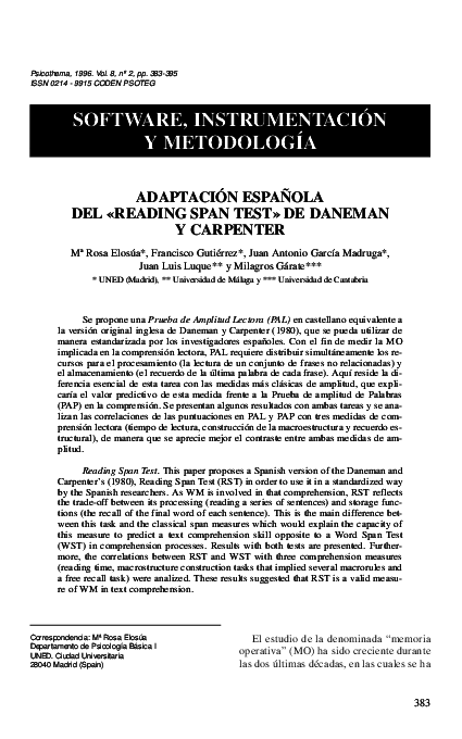 (PDF) Adaptación española del "reading span test" de daneman y carpenter