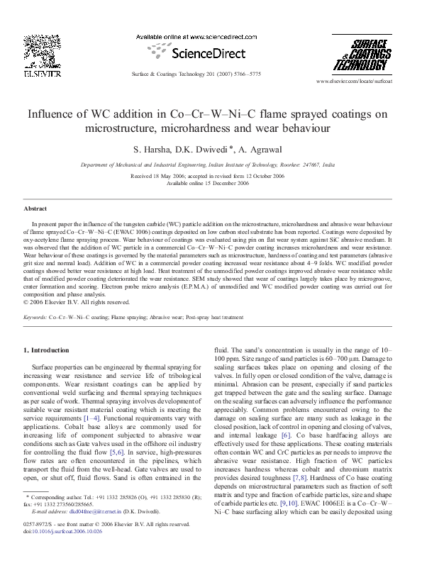 Pdf Influence Of Wc Addition In Cocrwnic Flame Sprayed Coatings