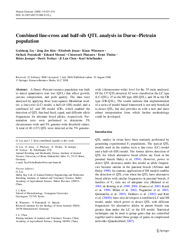 (PDF) Combined line-cross and half-sib QTL analysis in Duroc–Pietrain population