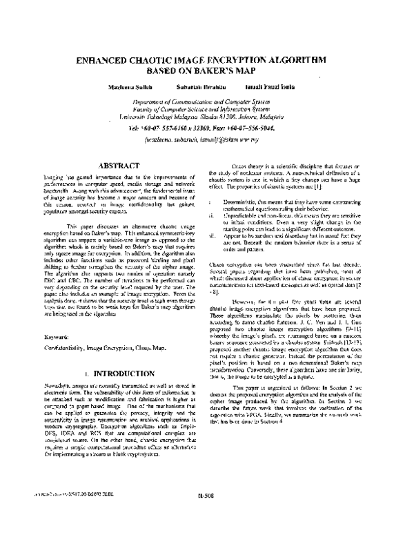 (PDF) ENHANCED CHAOTIC IMAGE ENCRYPTION ALGORITHM BASED ON BAKER'S MAP