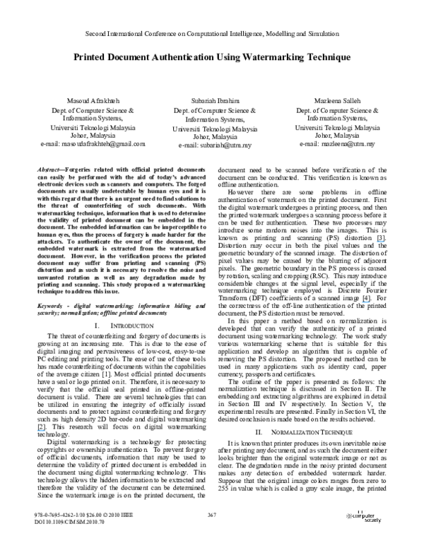 (PDF) Printed Document Authentication Using Watermarking Technique