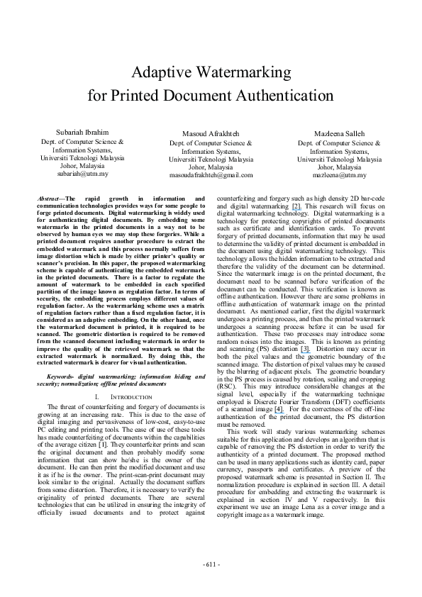 (PDF) Adaptive watermarking for printed document authentication