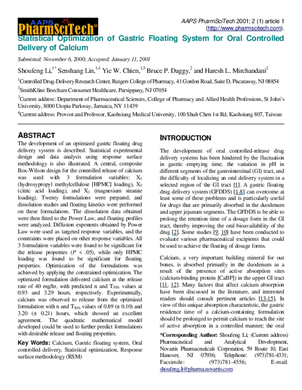 Pdf Statistical Optimization Of Gastric Floating System For Oral Controlled Delivery Of Calcium