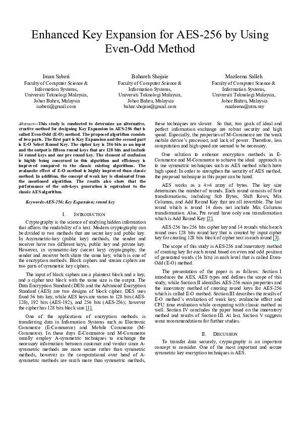 (PDF) Enhanced Key Expansion for AES256 by using Even-Odd method