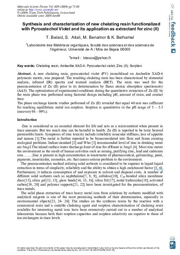 (PDF) Synthesis and Characterization of New Chelating Resin Functionalized with Pyrocatechol ...