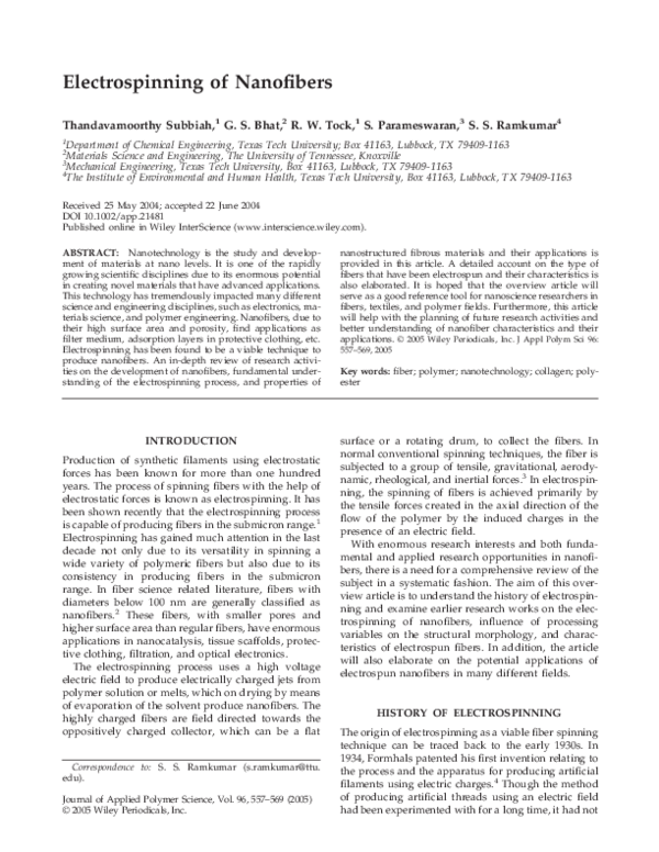 (PDF) Electrospinning of nanofibers