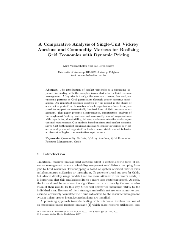 (PDF) A Comparative Analysis of Single-Unit Vickrey Auctions and Commodity Markets for Realizing ...