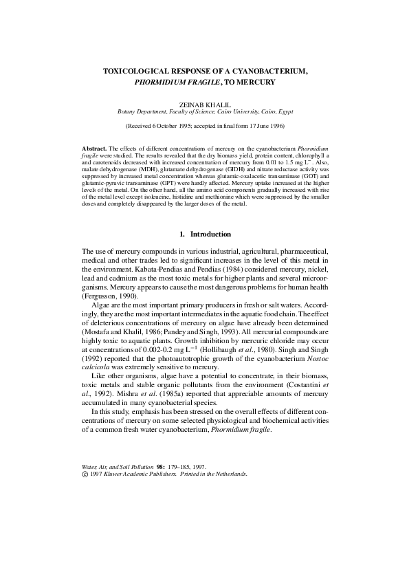 (PDF) Toxicological response of a cyanobacterium,Phormidium fragile, to ...