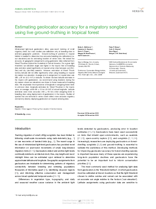 (PDF) Estimating geolocator accuracy for a migratory songbird using live ground-truthing in ...
