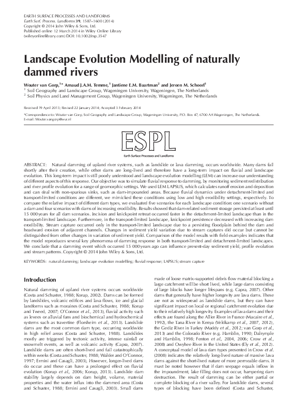 (PDF) Landscape Evolution Modelling of naturally dammed rivers